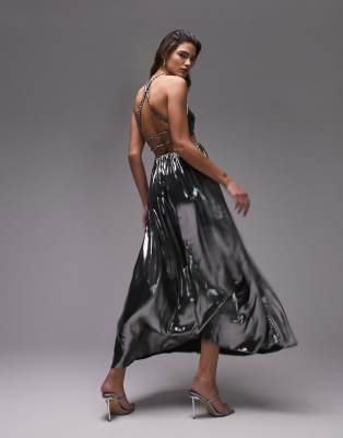 Topshop Metallic Keyhole Elasticated Maxi Dress In Silver | ModeSens