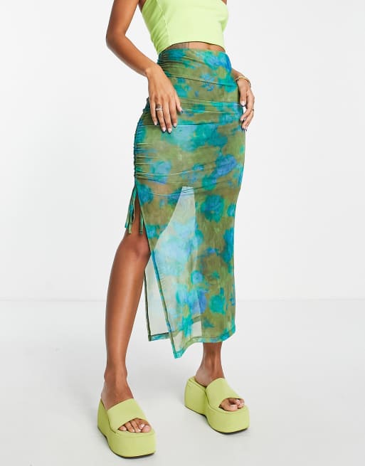 Topshop Midirock Aus Netzstoff In Blau Und Grün Mit Rosenmuster Und