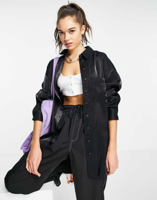 Topshop Oversize Satinhemd In Schwarz Asos