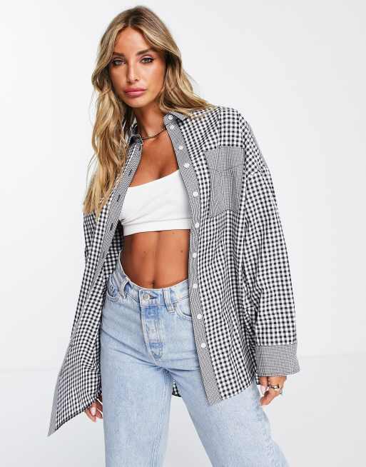 Topshop oversized gingham check patch shirt in monochrome | ASOS