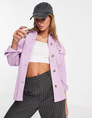 Topshop Oversized Lightweight Shacket With Woven Label In Purple | ModeSens