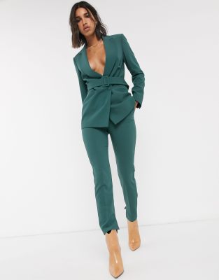 Topshop - Pantalon d'ensemble fendu ajusté - Vert marin | ASOS
