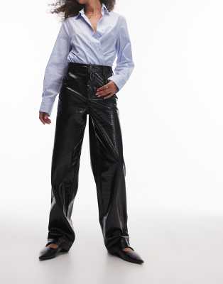 Topshop - Pantalon droit en similicuir effet croco avec taille haute - Noir | ASOS