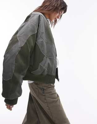 Topshop patchwork bomber jacket in green | ASOS