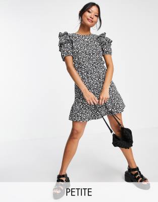 Topshop Petite mono ruffle shoulder mini dress | ASOS