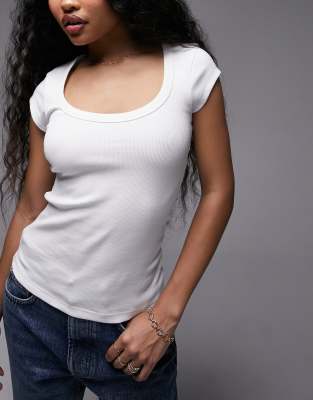 Topshop Petite rib scoop neck cap sleeve in white | ASOS