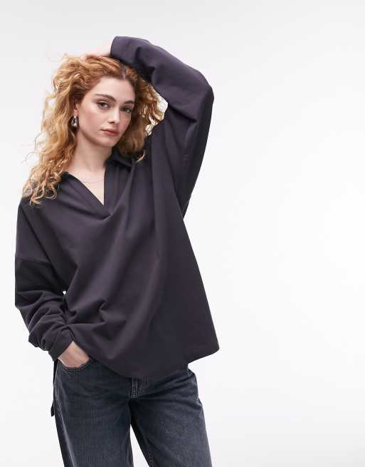 Topshop premium basic oversized long sleeve polo top in slate | ASOS
