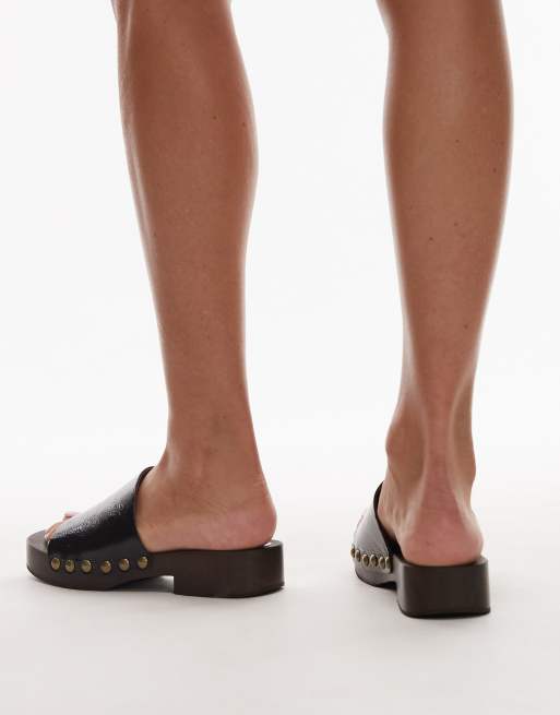 Topshop Premium Harley real leather wooden clogs in black | ASOS