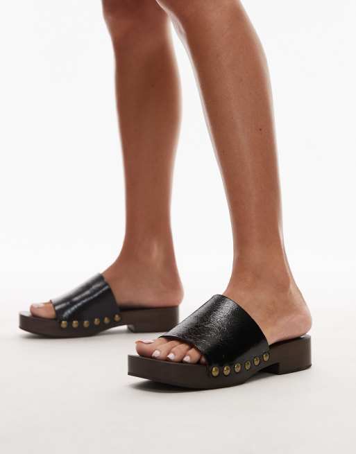 Topshop Premium Harley real leather wooden clogs in black | ASOS