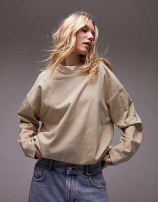 Topshop premium rugby v neck seam detail long sleeve top in stone | ASOS