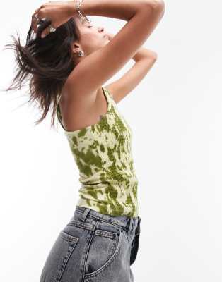 Topshop printed shirred singlet top in green | ASOS