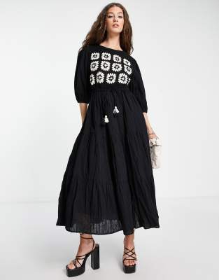 Topshop - Robe mi-longue avec empiècement en maille au crochet - Noir ...