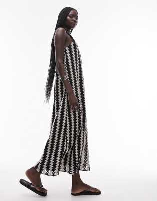 Topshop - Robe mi-longue en maille au crochet avec bretelles en perles - Noir et blanc | ASOS