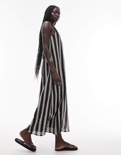 Topshop - Robe mi-longue en maille au crochet avec bretelles en perles - Noir et blanc | ASOS