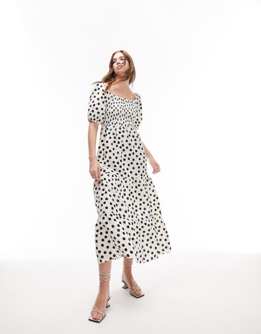 Topshop Robe Mi Longue Froncée à Pois Noir Et Blanc Asos
