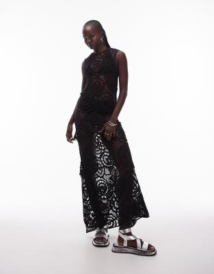 Topshop - Robe mi-longue sans manches en maille au crochet - Noir | ASOS