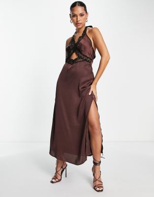 Topshop - Robe nuisette mi-longue en satin et dentelle avec dos nu - Chocolat | ASOS