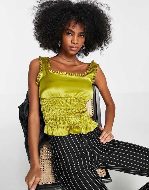 Topshop ruched satin cami in chartreuse | ASOS