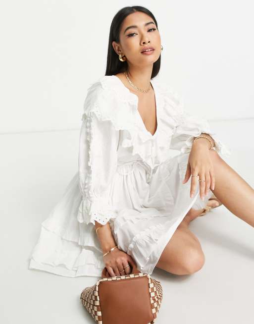 Topshop Ruffle Broderie Mini Dress In Ivory Asos