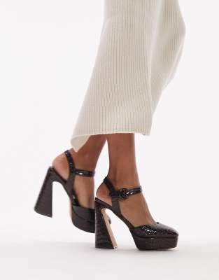 Topshop Safa platform round toe pumps in choc croc | ASOS