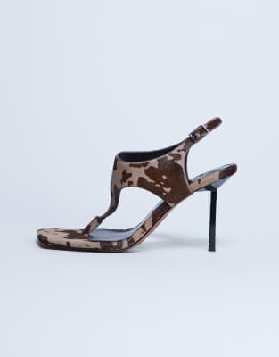 Sandy hair on real leather toe thong high heeled sandal in brown cow ...