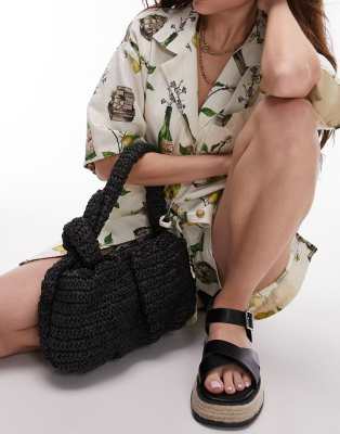 Topshop – Sandy – Stroh-Schultertasche in Schwarz mit Tragegriff mit ...