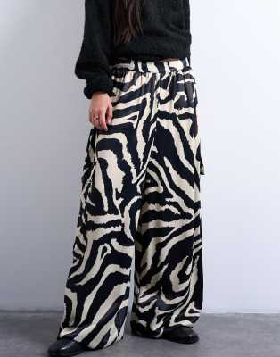 Satin extreme wide leg cargo trouser in zebra print | Topshop