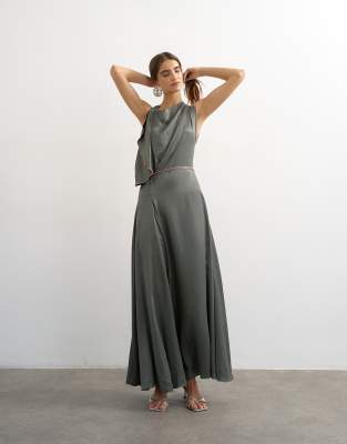 Satin high cowl neck asymmetric maxi dress with peach contrast trim in ...
