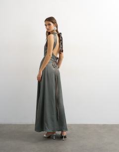 Satin high cowl neck asymmetric maxi dress with peach contrast trim in ...