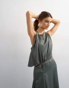 Satin high cowl neck asymmetric maxi dress with peach contrast trim in ...