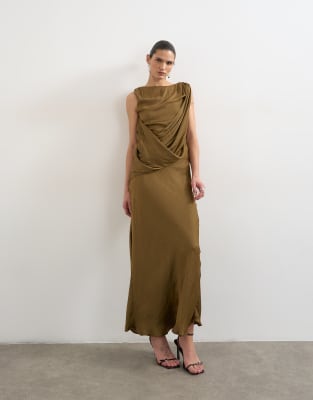 Topshop satin slash neck draped cowl front maxi in olive | ASOS