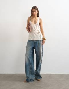 Scoop neck ruched side linen look top in cream | Topshop