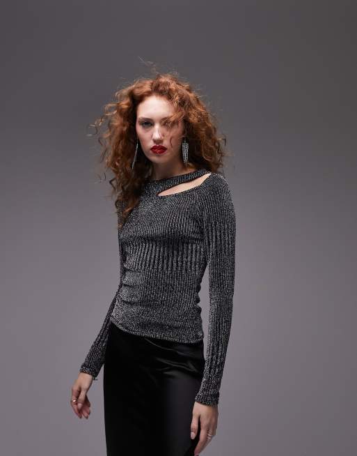 Topshop slash neck metallic rib long sleeve top in silver | ASOS