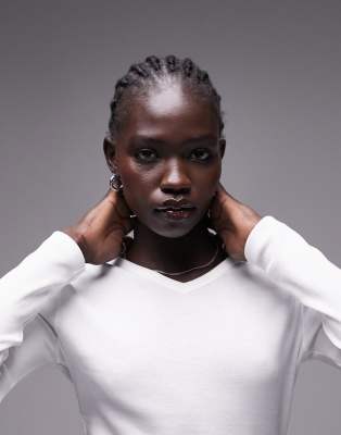 Topshop slim v neck long sleeve top in white | ASOS