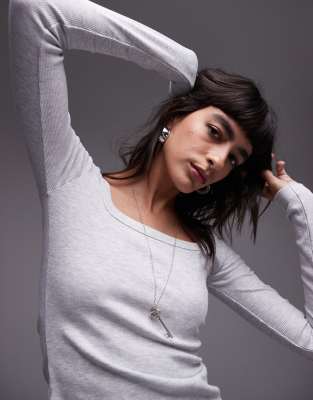 Topshop square neck long sleeve top in grey marl | ASOS