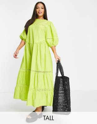 Topshop Tall broderie oversized chuck on maxi dress in chartreuse | ASOS