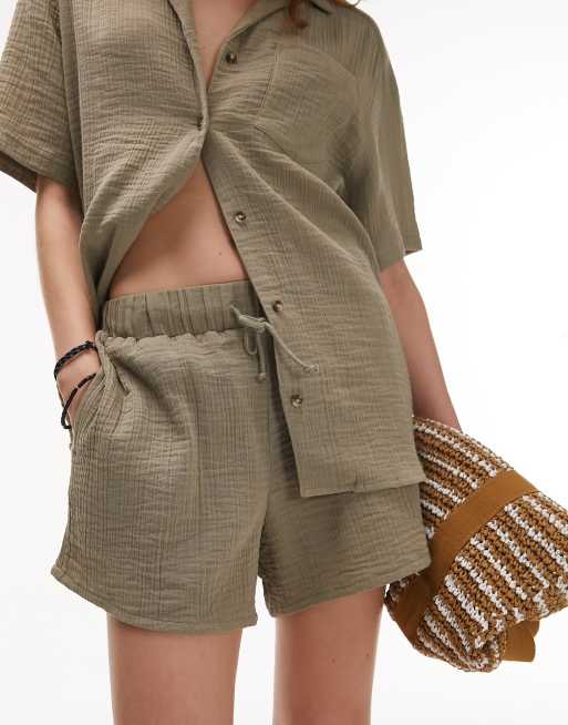 Topshop textured cheesecloth runner short in khaki - part of a set | ASOS