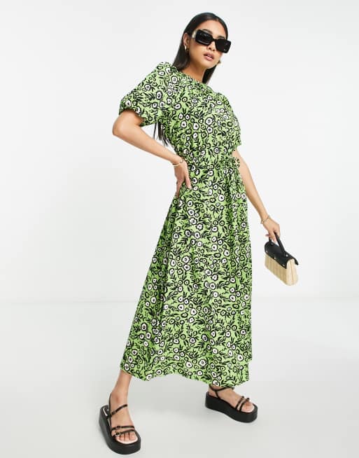 Topshop Textured Graphic Green Floral Midi Tea Dress Asos
