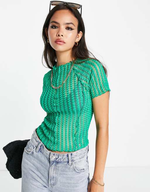 Topshop textured mesh short sleeve top in green | ASOS