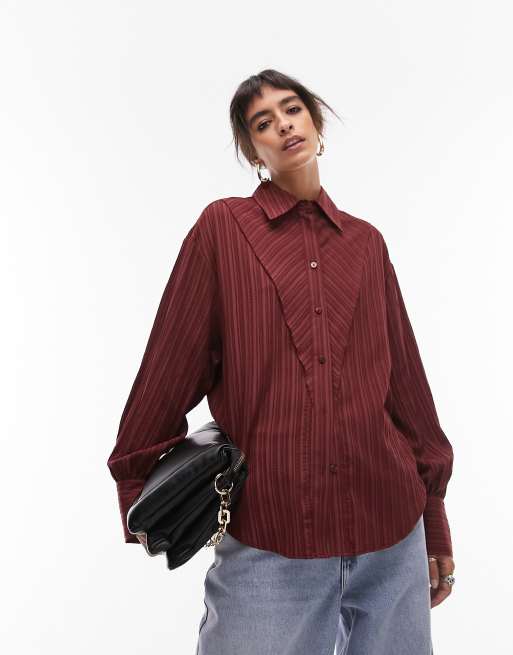 Topshop textured panel shirt in berry | ASOS