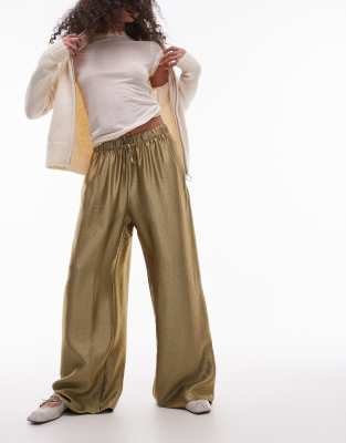 Topshop textured satin straight leg drawcord pants in gold | ASOS