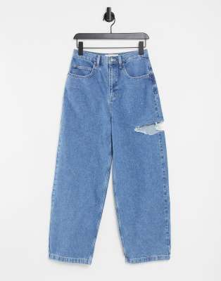 Topshop thigh rip wide leg jeans in mid wash blue | ASOS