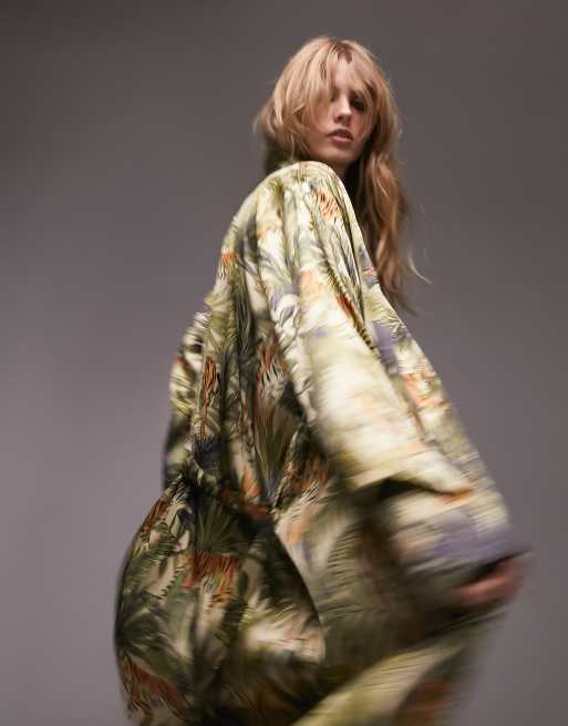 Topshop tiger palm print satin robe in green | ASOS