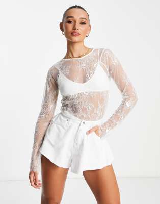 Topshop - Top à manches longues en dentelle transparente - Ivoire | ASOS