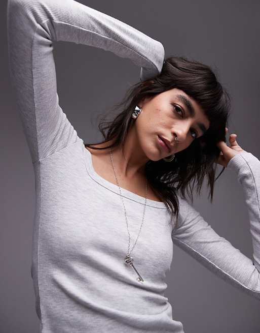 Topshop - Top a maniche lunghe grigio mélange con scollo squadrato | ASOS Topshop - Top a maniche lunghe grigio mélange con scollo squadrato | ASOS