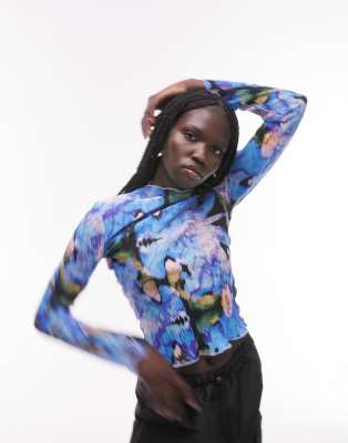 Topshop - Top en tulle plissé à col montant avec imprimé fleurs floues - Multicolore | ASOS