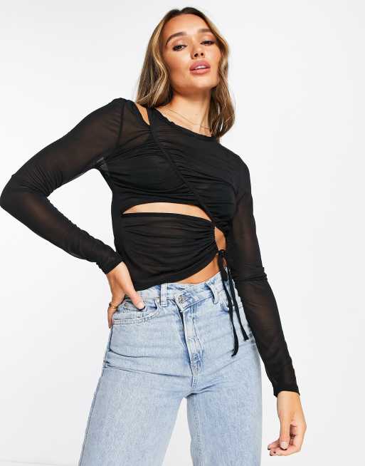 Topshop - Top froncé à manches longues et découpe - Noir | ASOS