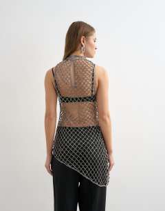 Tunic dress with heavy embellishment in gun metal | Topshop