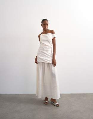 Twisted shoulder sheer skirt midi dress in off-white | Topshop