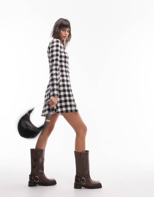 Topshop Vestito Camicia Corto Monocromatico A Scacchi Con Scollo A V